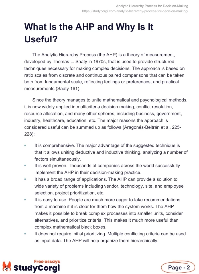 Analytic Hierarchy Process for Decision-Making | Free Essay Example