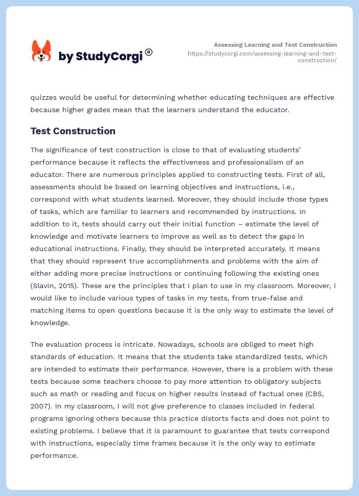 Assessing Learning And Test Construction Free Essay Example
