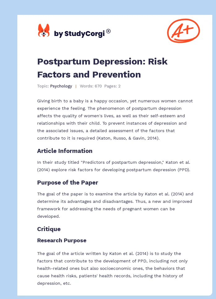 Postpartum Depression Risk Factors And Prevention Free Essay Example