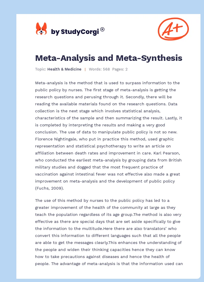 Meta Analysis And Meta Synthesis Free Essay Example