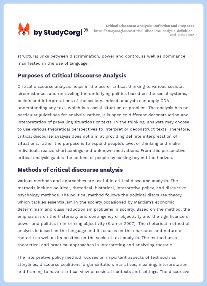 Critical Discourse Analysis Definition And Purposes Free Essay Example