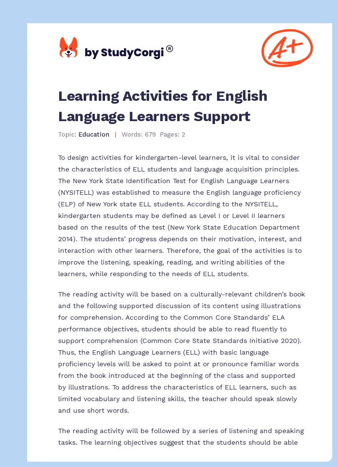 Learning Activities For English Language Learners Support Free Essay