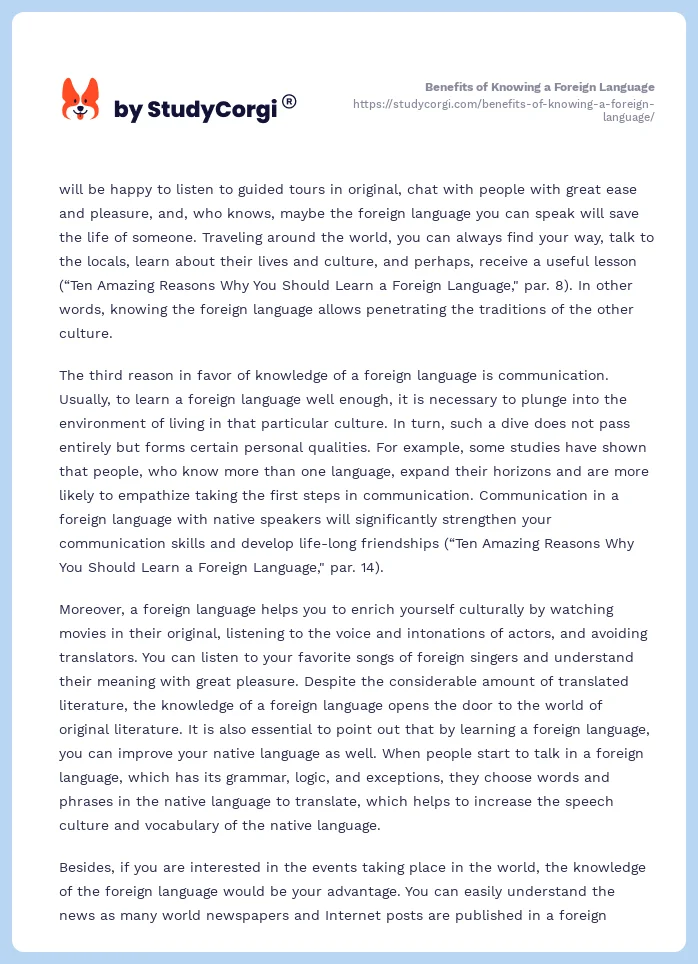Benefits Of Learning A Foreign Language Essay Example For Free