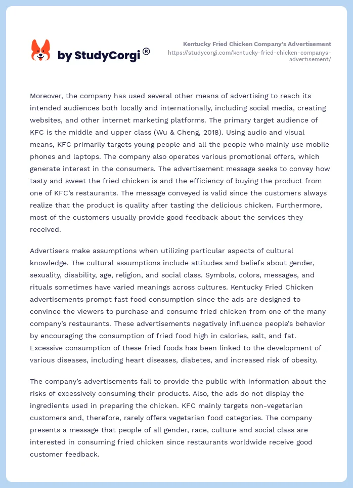 Kentucky Fried Chicken Company s Advertisement Free Essay Example