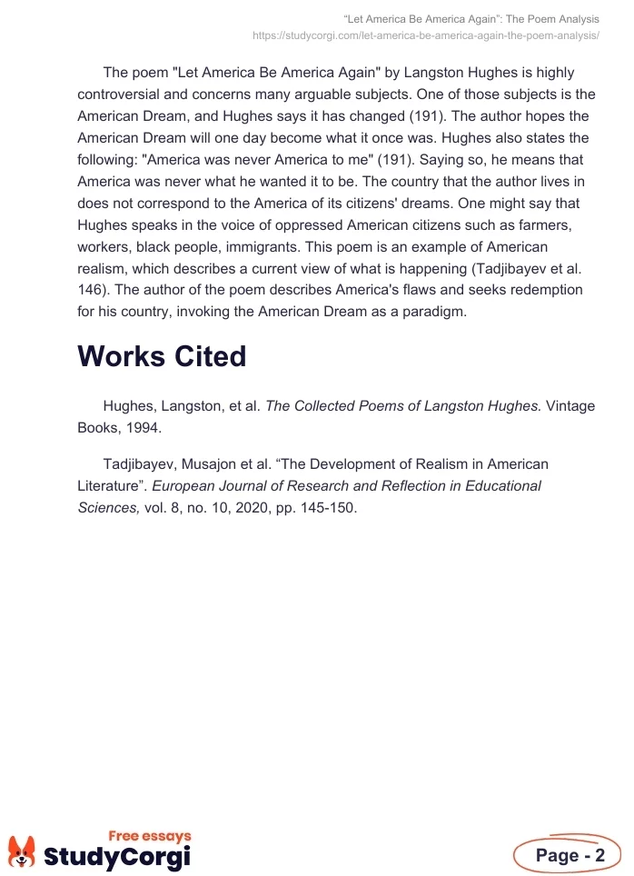 "Let America Be America Again": The Poem Analysis | Free Essay Example