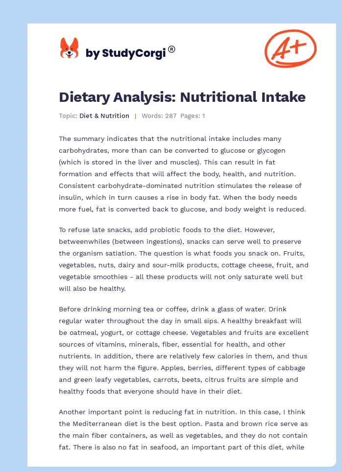 Dietary Analysis Nutritional Intake Free Essay Example