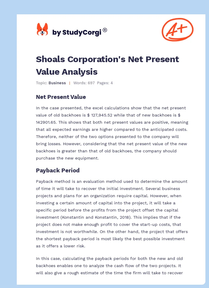 Shoals Corporation s Net Present Value Analysis Free Essay Example Shoals Corporation s Net Present Value Analysis Free Essay Example