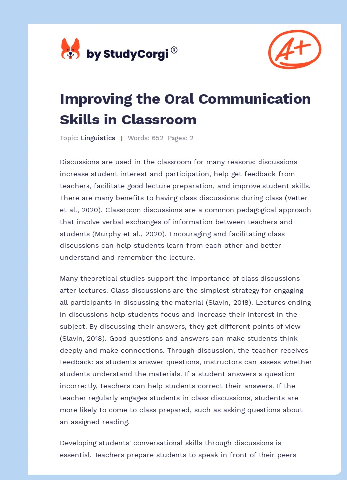 Improving The Oral Communication Skills In Classroom Free Essay Example