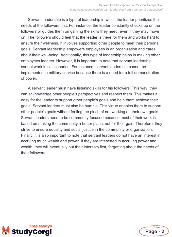 Servant Leadership from a Personal Perspective | Free Essay Example