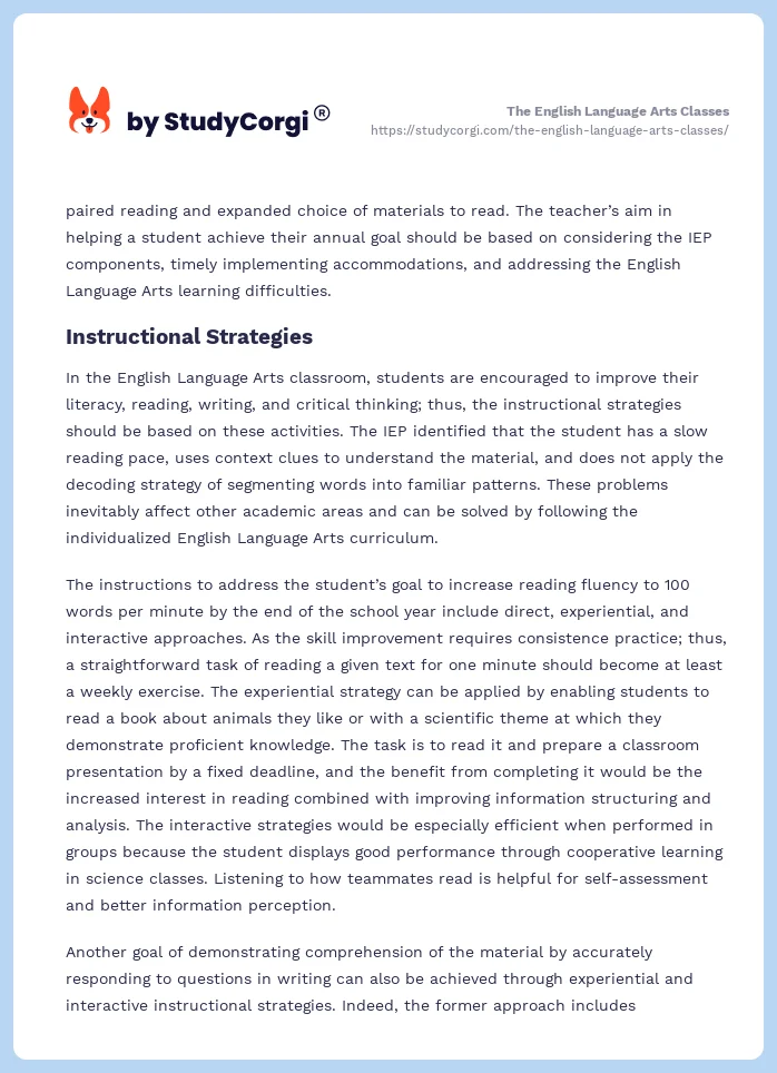 The English Language Arts Classes Free Essay Example