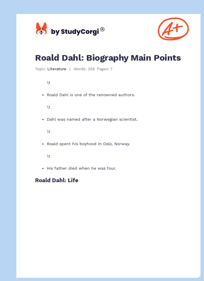 Roald Dahl Biography Main Points Free Essay Example Roald Dahl Biography Main Points Free Essay Example