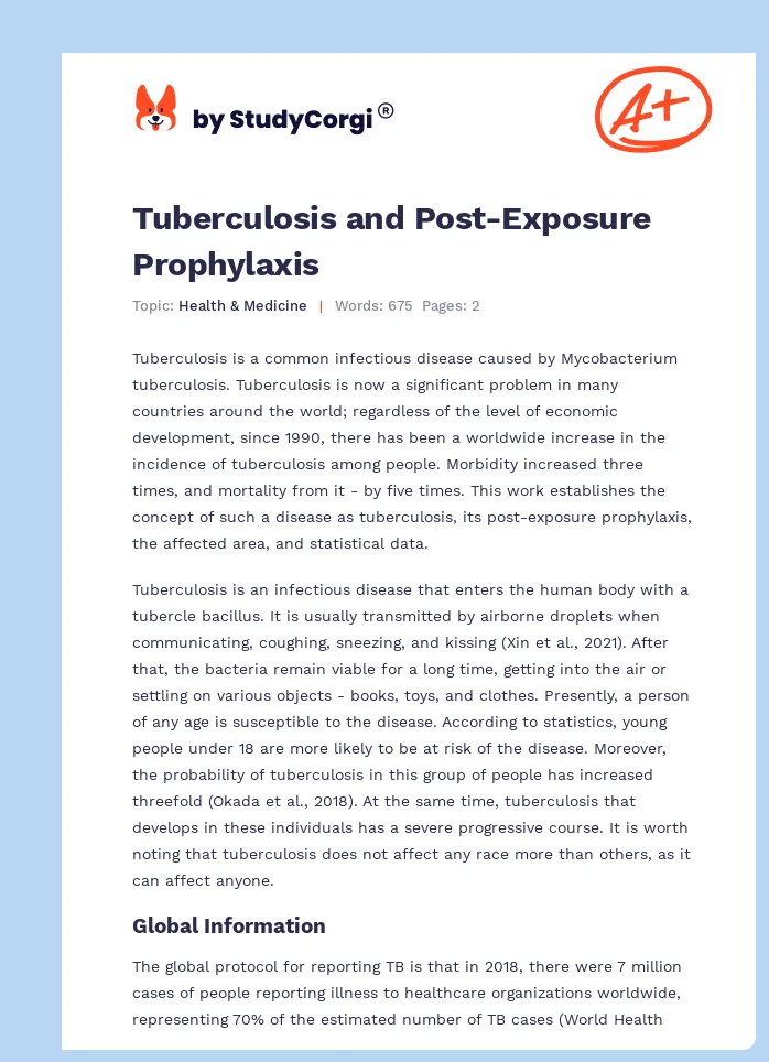 Tuberculosis And Post Exposure Prophylaxis Free Essay Example Tuberculosis And Post Exposure Prophylaxis Free Essay Example