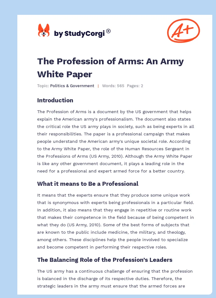 The Profession Of Arms An Army White Paper Free Essay Example