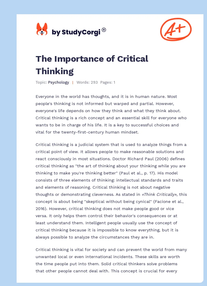 The Importance Of Critical Thinking Free Essay Example The Importance Of Critical Thinking Free Essay Example