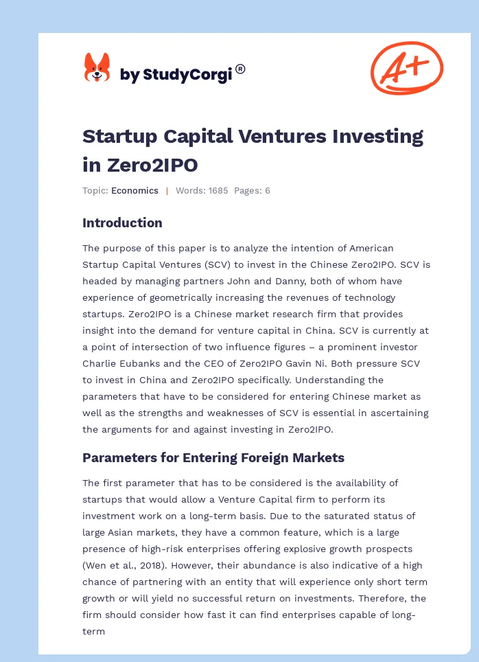 Startup Capital Ventures Investing In Zero2IPO Free Essay Example