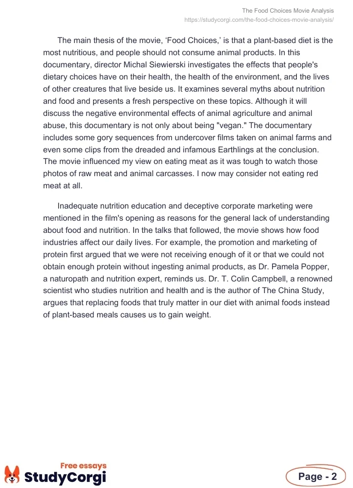 The Food Choices Movie Analysis | Free Essay Example