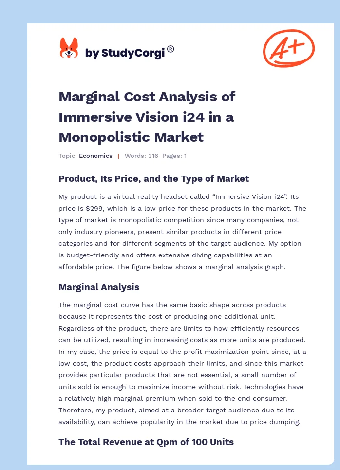 Marginal Cost Analysis Of Immersive Vision I24 In A Monopolistic Market
