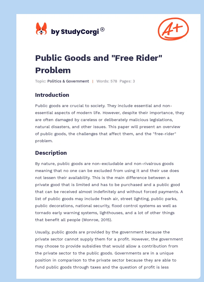 Public Goods And Free Rider Problem Free Essay Example Public Goods And Free Rider Problem Free Essay Example