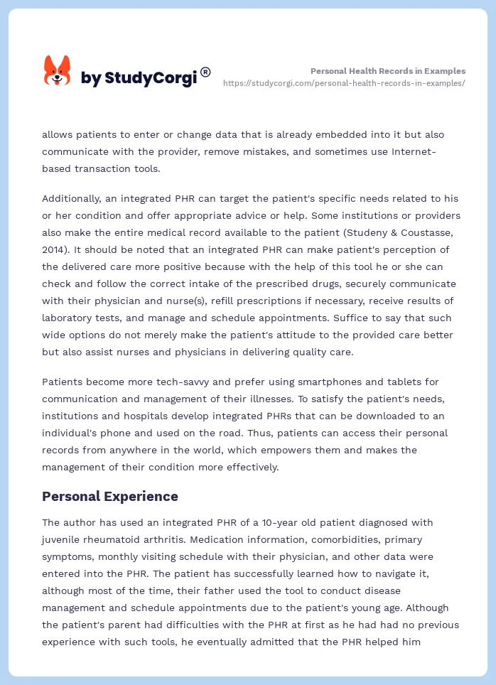 Personal Health Records In Examples Free Essay Example